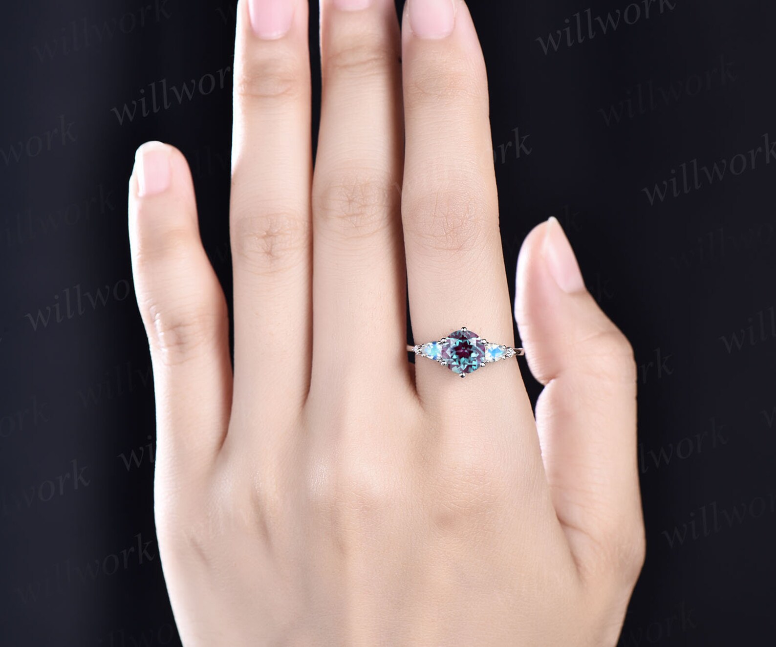 Roung Cut Alexandrite Engagement Ring Set Rose Gold Five Stone Ring ...