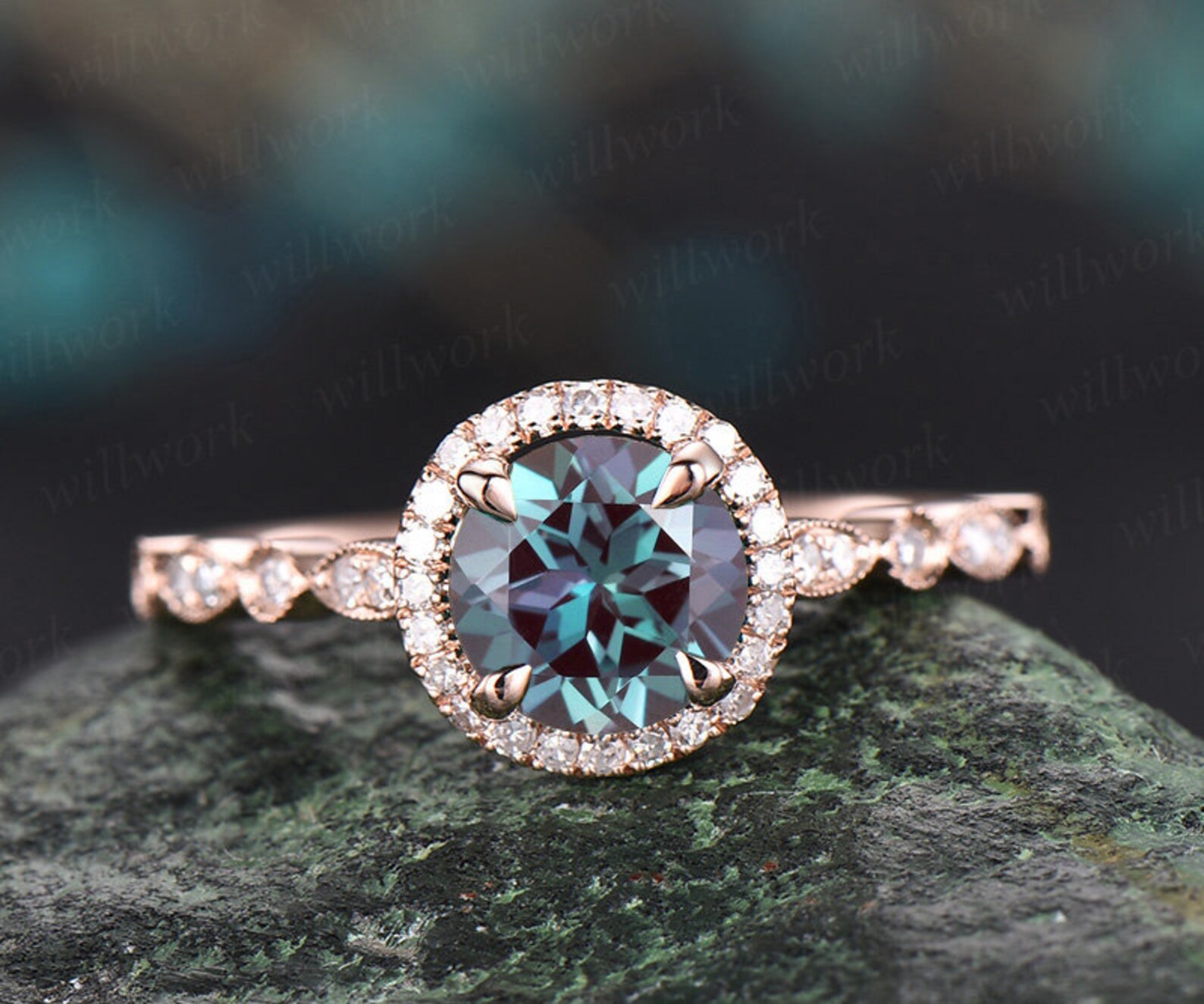 Art Deco Diamond Halo Ring Color Change Alexandrite Engagement - Etsy