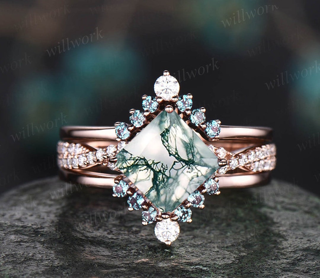 Vintage Princess Cut Moss Agate Engagement Ring Set Solid 14k Rose Gold ...