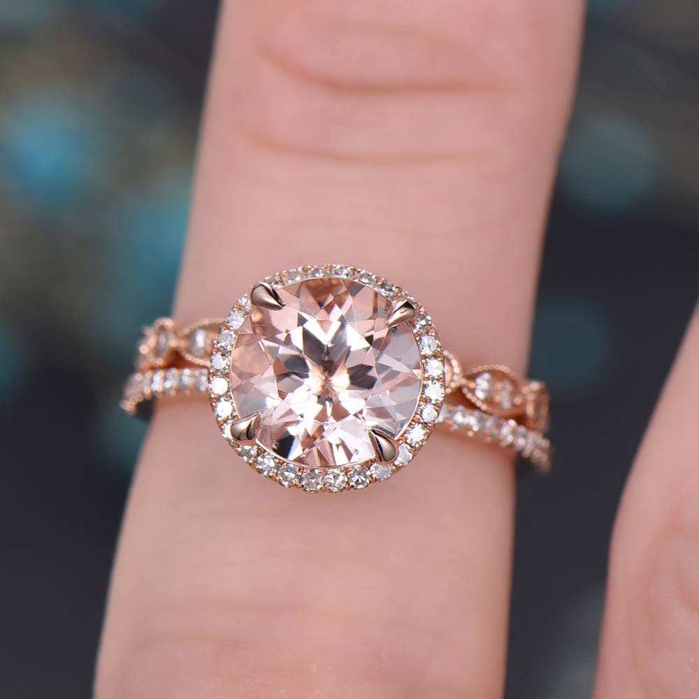 Vintage Unique Round Cut Morganite Engagement Ring Set Solid 14k Rose ...