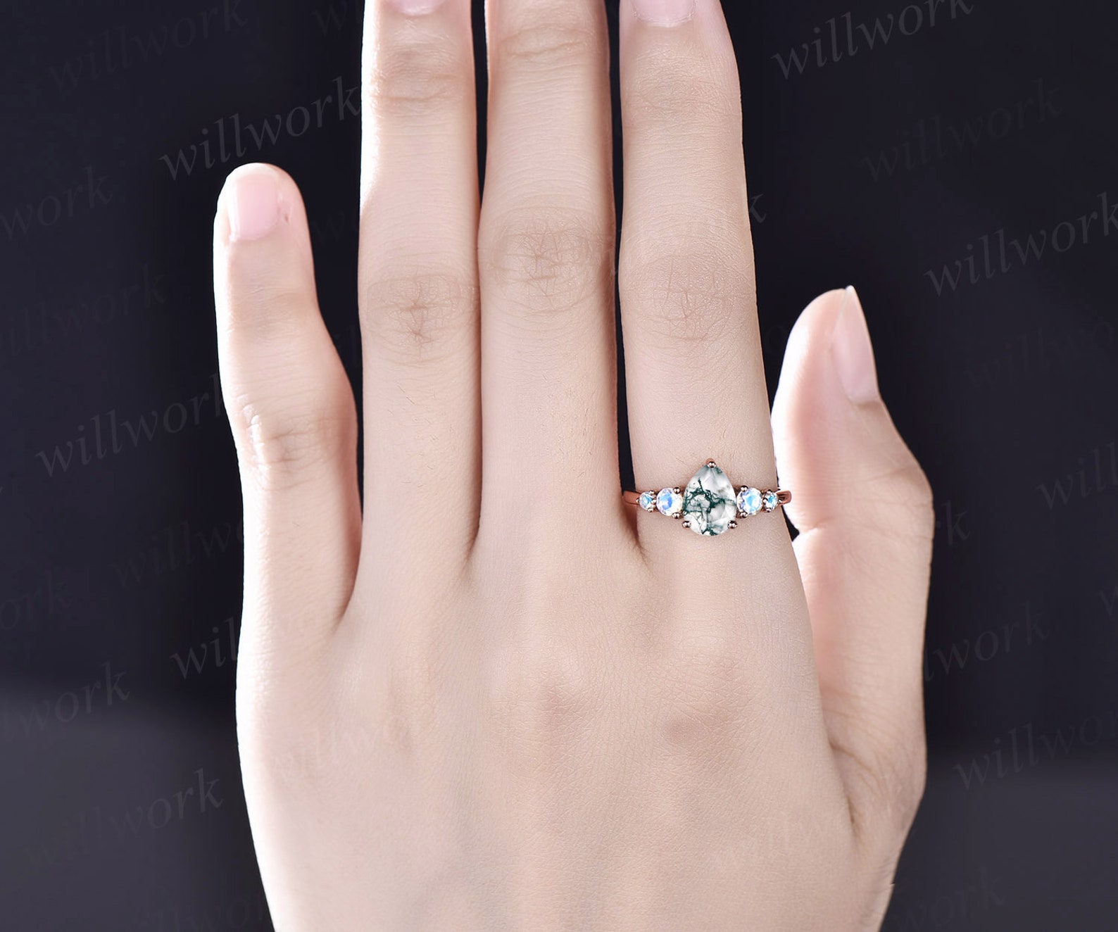 Green Moss Agate Ring Minimalist Vintage Pear Moss Agate Engagement ...