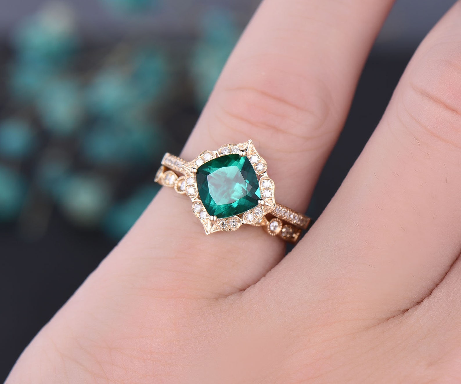 Green Emerald Engagement Ring Set Yellow Gold 2pc Flower | Etsy