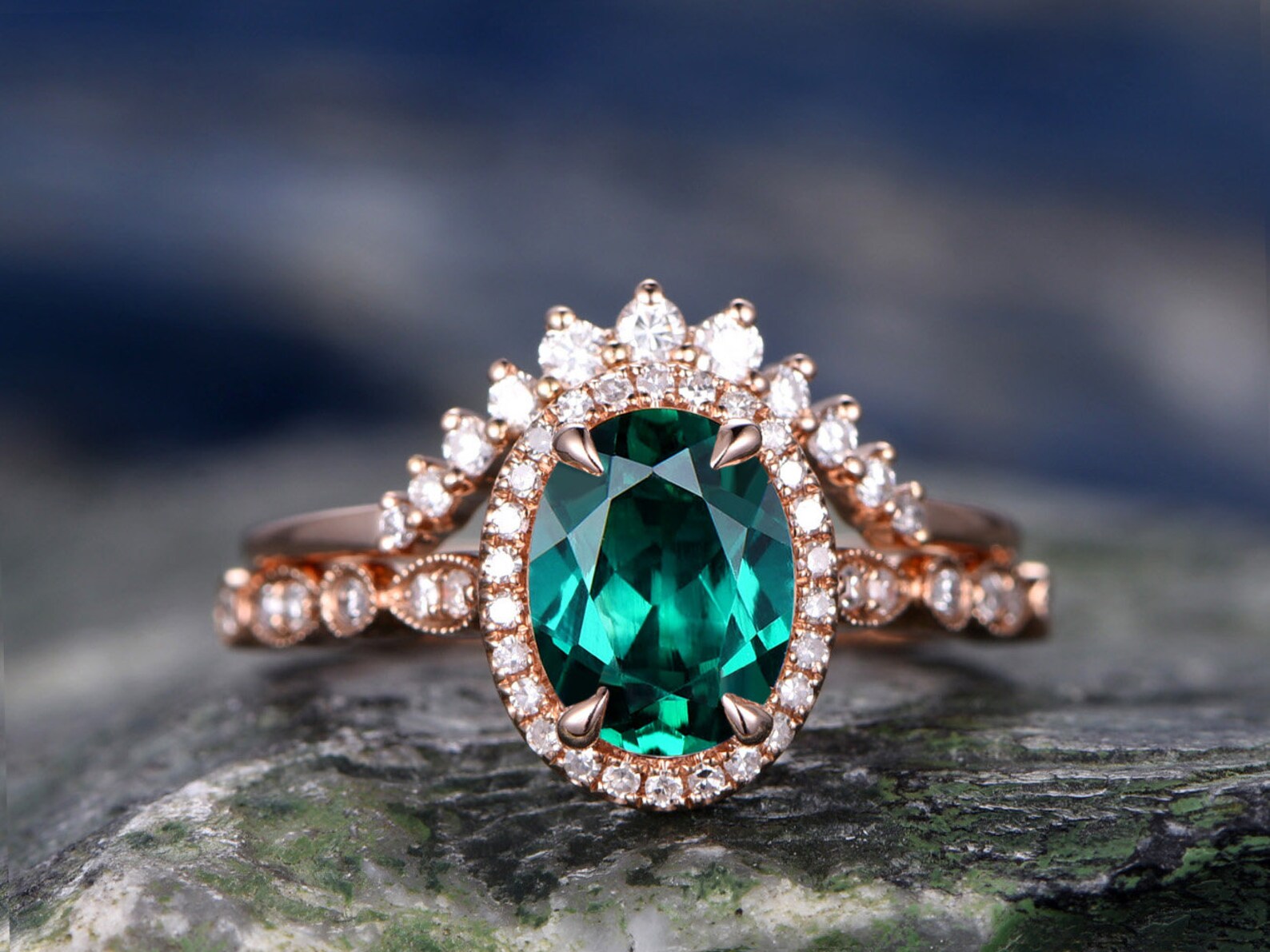2pcs Emerald Bridal Ring Set Green Emerald Engagement Ring Set Rose ...