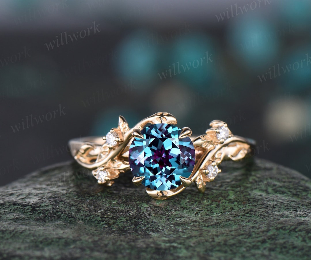 Round Cut Alexandrite Ring Vintage Yellow Gold Leaf Nature Inspired ...