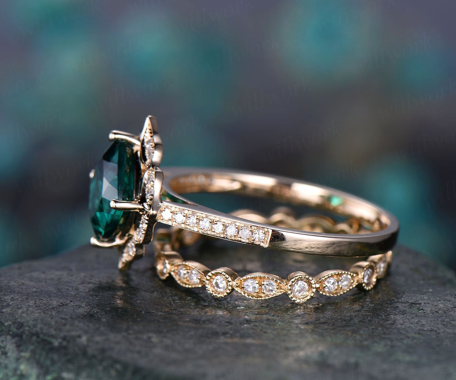 Green Emerald Engagement Ring Set Yellow Gold 2pc Flower - Etsy