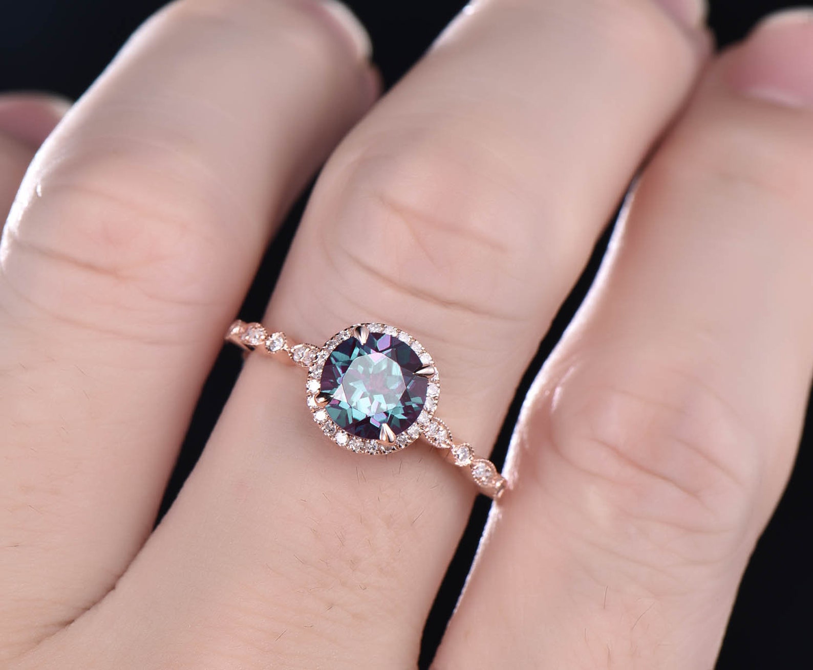 Art Deco Diamond Halo Ring Color Change Alexandrite Engagement - Etsy