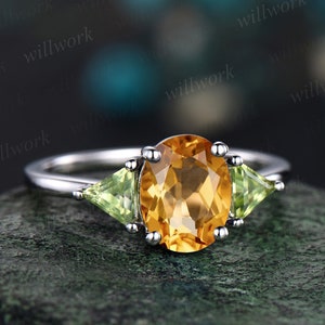 Oval Yellow Citrine Ring Three Stone Trilliant Peridot Ring White Gold Unique Engagement Ring ...
