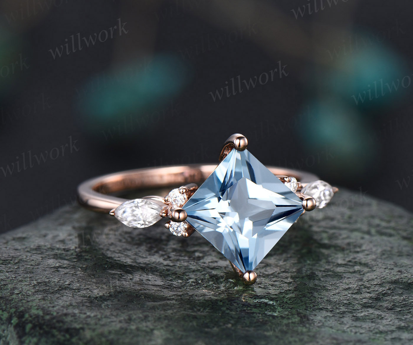 Vintage Princess Cut Aquamarine Engagement Ring Set Rose Gold - Etsy