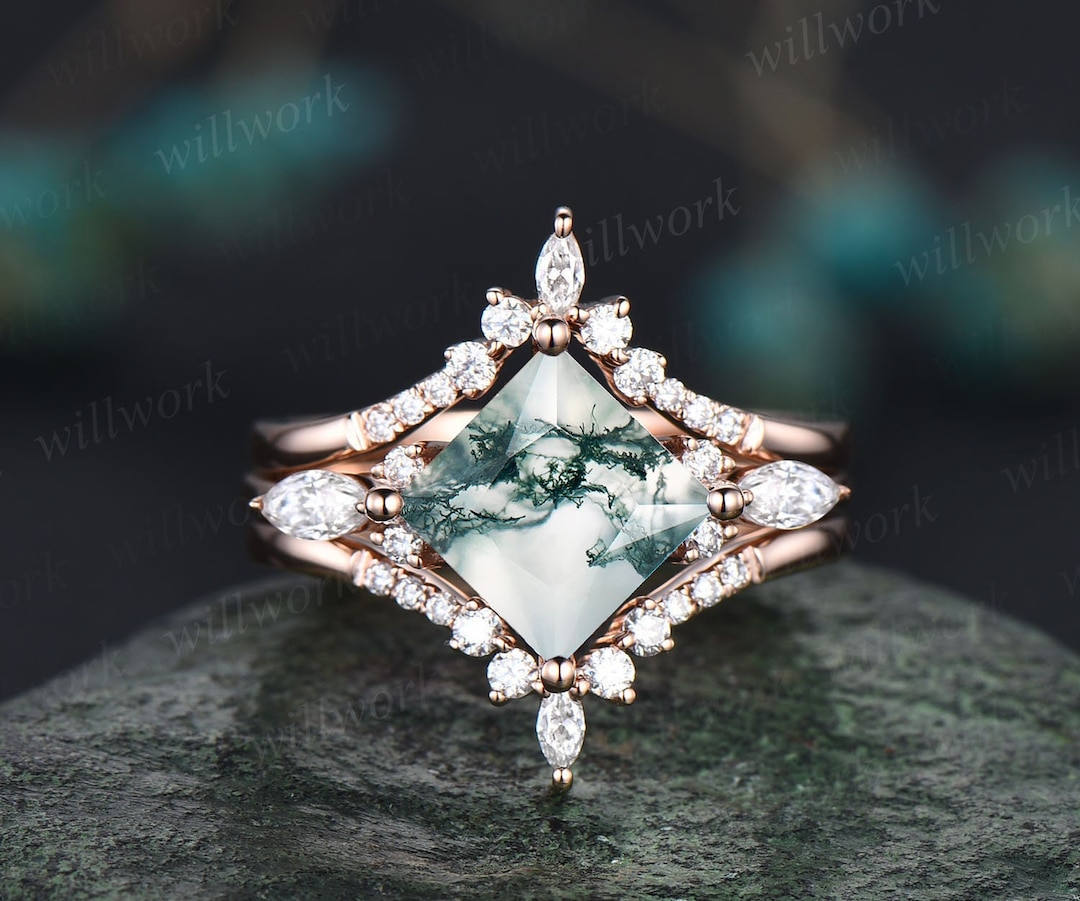 Princess Cut Moss Agate Ring Gold Vintage Green Moss Agate Engagement ...