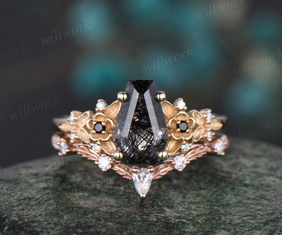 Vintage Coffin Cut Black Rutilated Quartz Engagement Ring Rose Gold ...