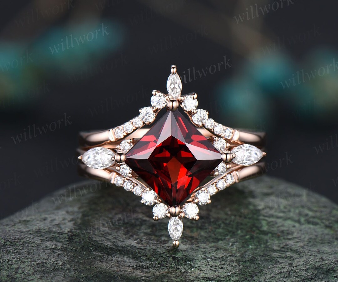 Princess Cut Garnet Ring Vintage Red Garnet Engagement Ring Set Rose ...