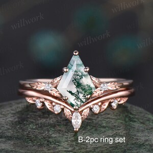 Kite Cut Moss Agate Ring Vintage Leaf Diamond Ring Unique Nature Inspired Engagement Ring Women ...