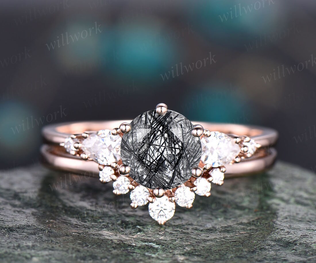 Unique wedding ring set Vintage black rutilated quartz | Etsy