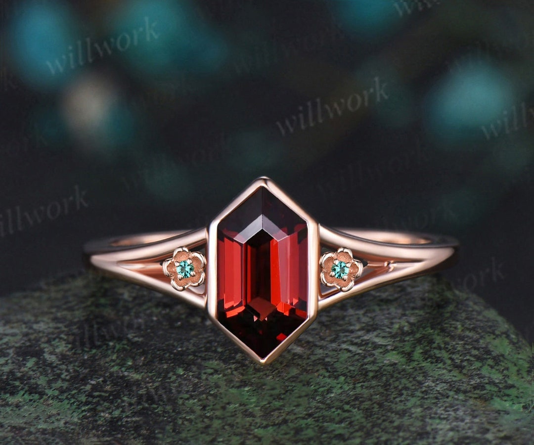 Long Hexagon Cut Red Garnet Engagement Ring Rose Gold Bezel Split Shank ...