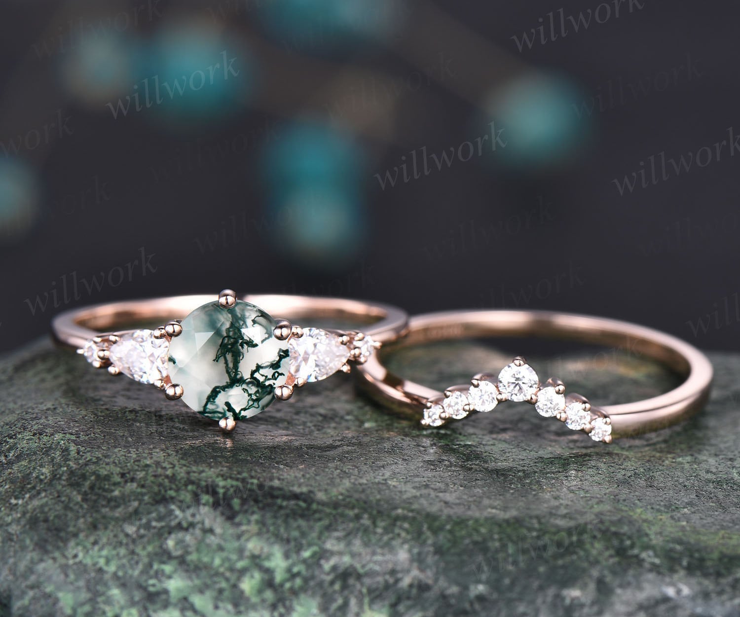 Vintage Kite Shaped Moss Agate Engagement Ring Set 925 Silver Moss Agate Art Deco Wedding Ring ...