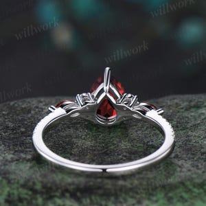 Pear Shaped Red Garnet Engagement Ring Solid 14k White Gold Dainty Half ...