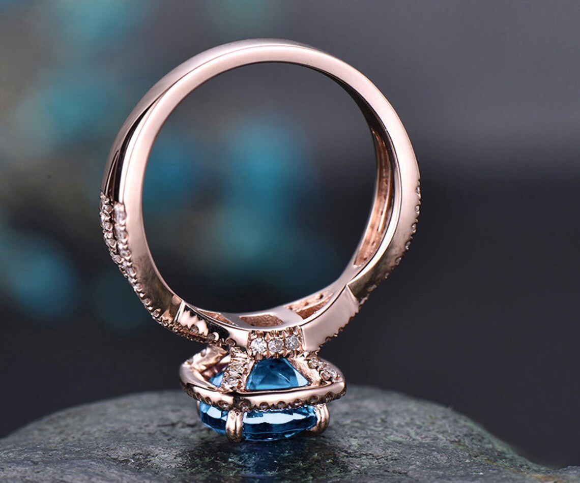 London Blue Topaz Engagement Ring Rose Gold Round Topaz Ring Women ...