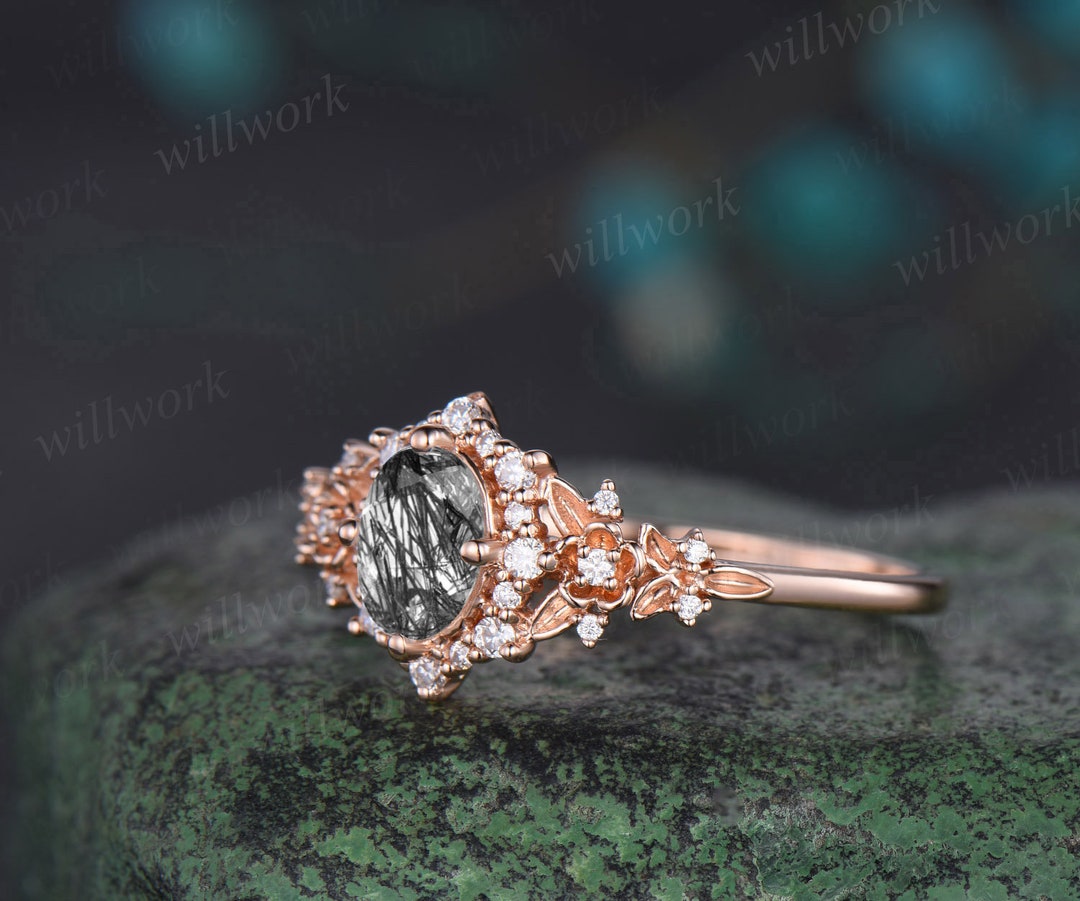 Oval Cut Black Rutilated Quartz Engagement Ring Rose Gold Snowdrift ...