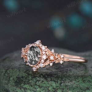 Oval Cut Black Rutilated Quartz Engagement Ring Rose Gold Snowdrift ...