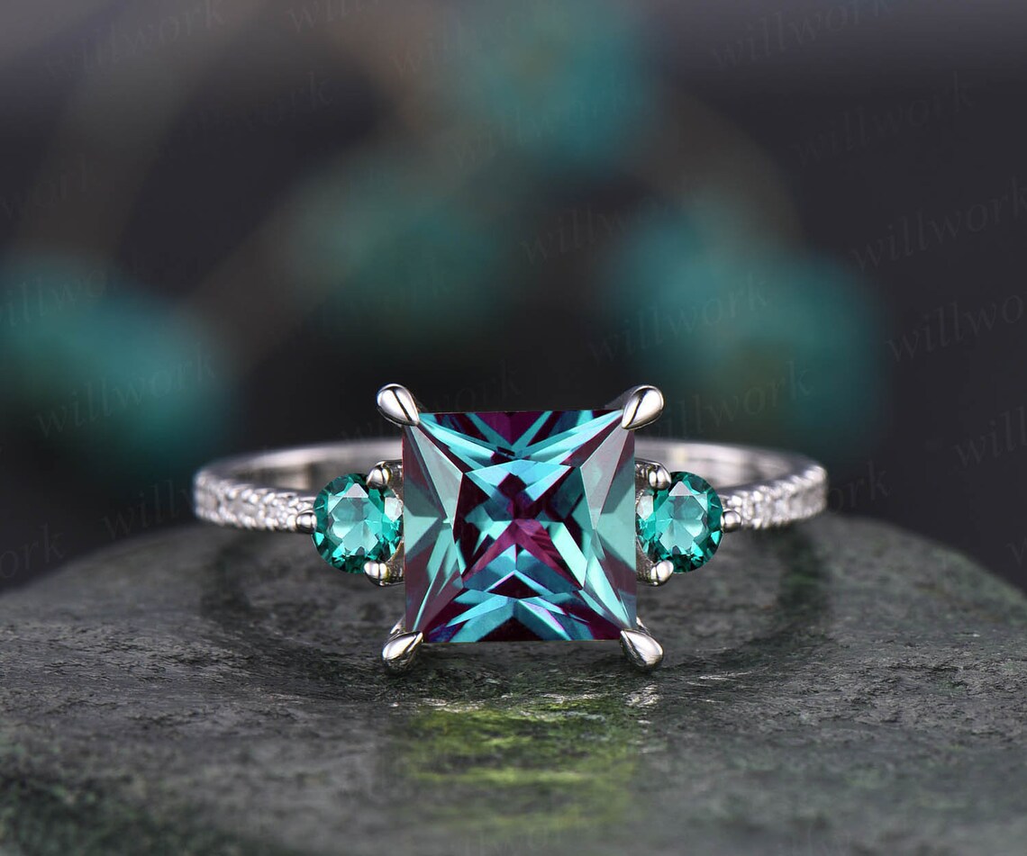 Princess Cut Alexandrite Engagement Ring Rose Gold Unique - Etsy