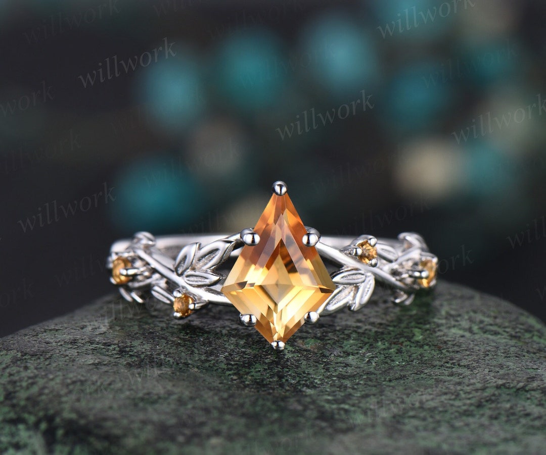 Vintage Kite Cut Yellow Citrine Engagement Ring White Gold Five Stone ...