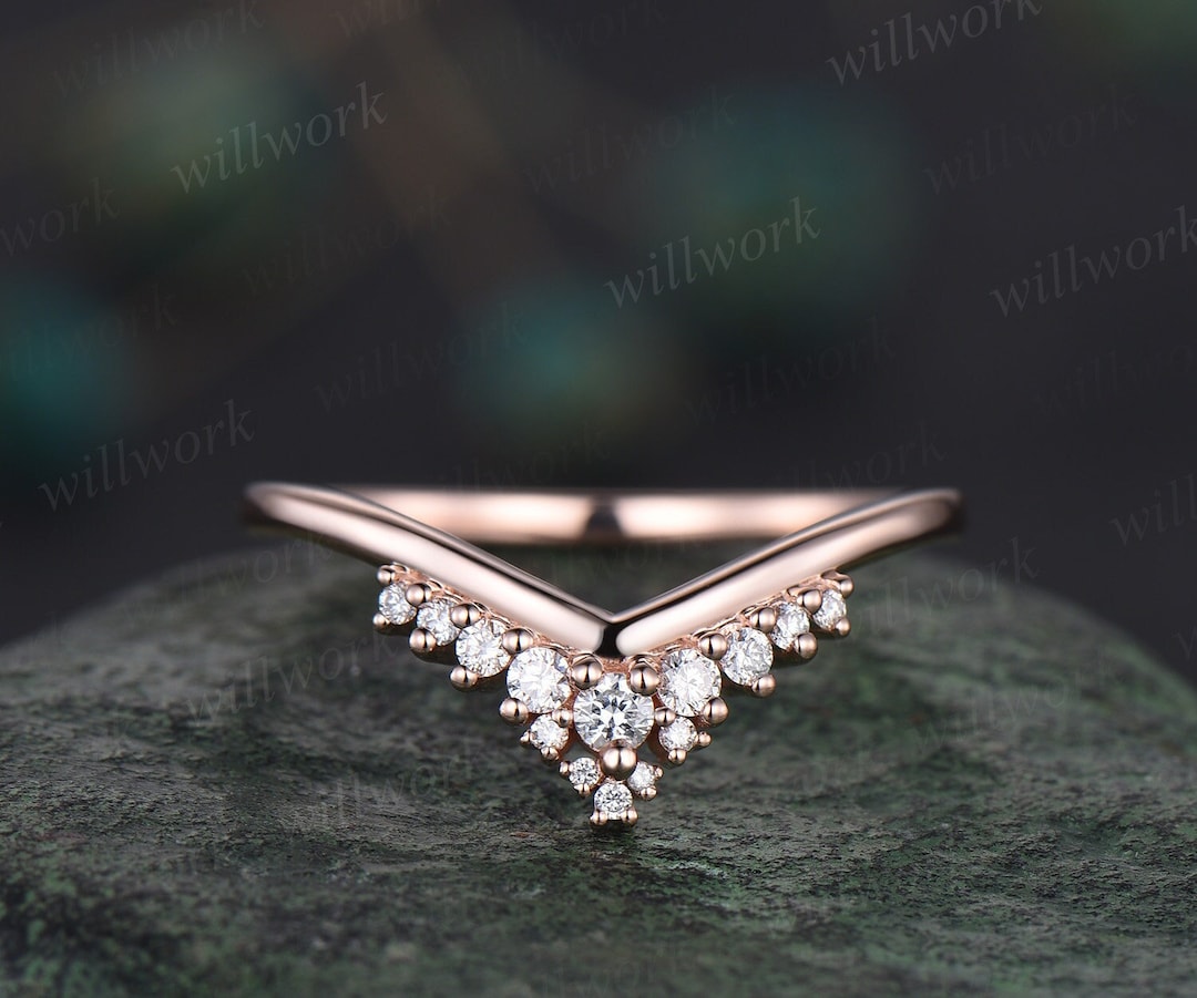 Curved Snowdrift Diamond Wedding Band Solid 14k Rose Gold Minimalist ...