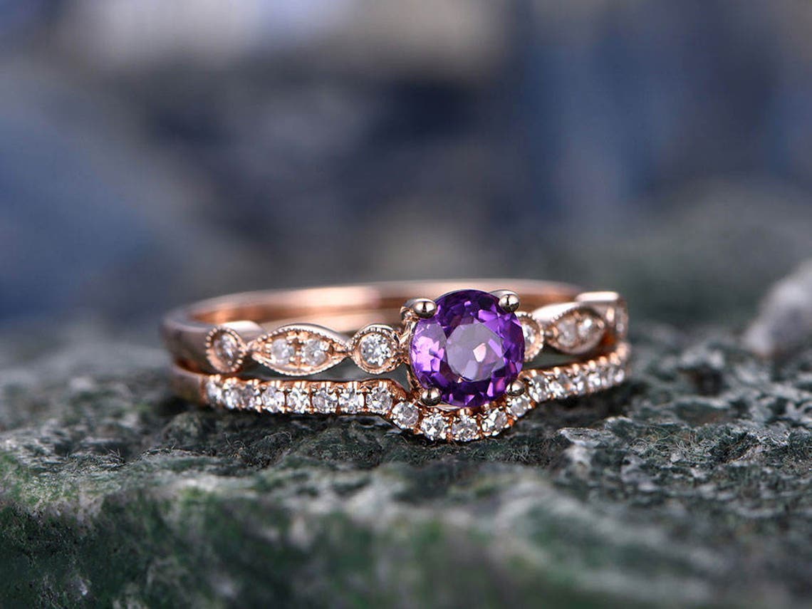 Amethyst Wedding Ring Set-solid 14k Rose Gold-handmade Diamond ...