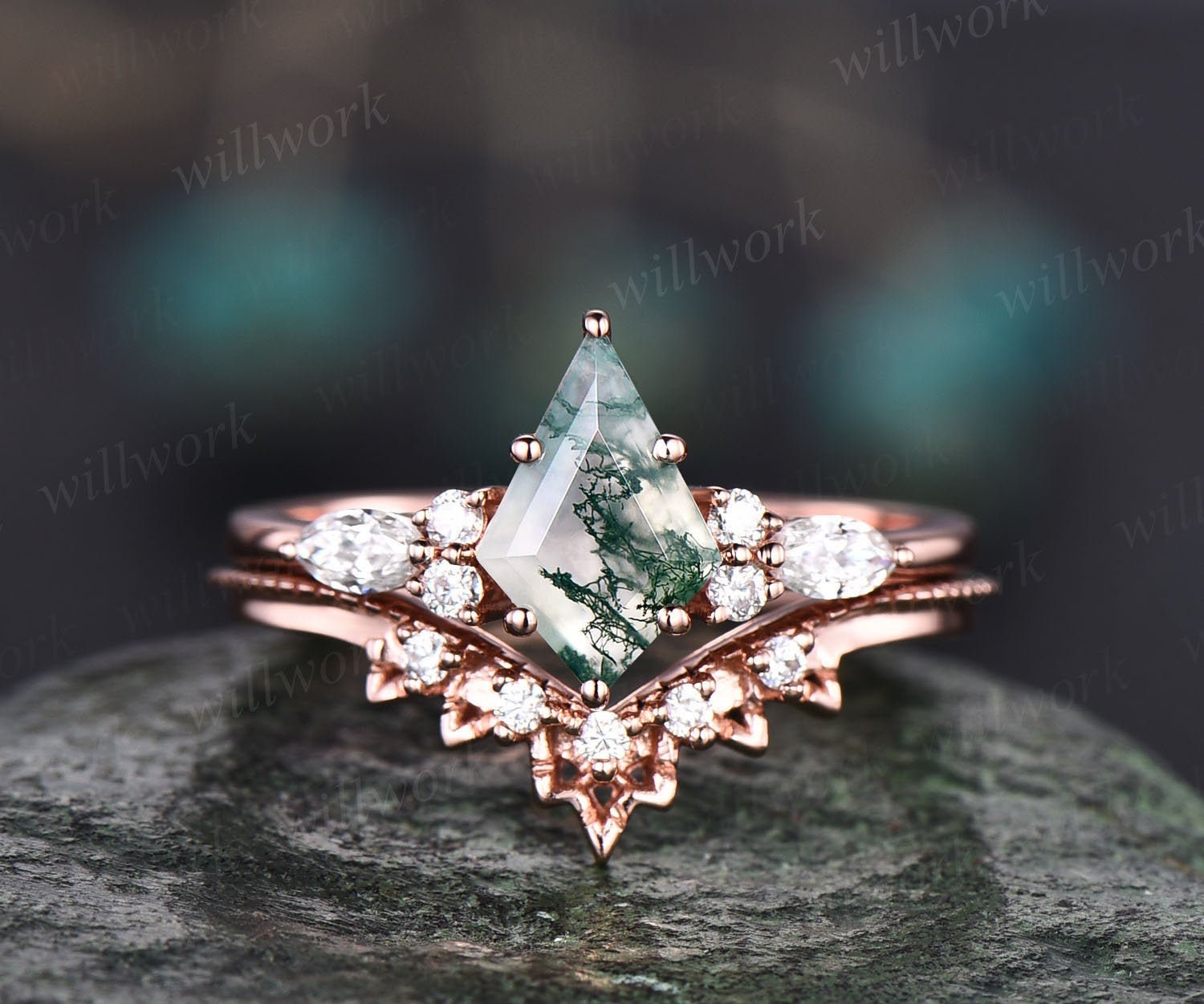 Vintage Kite Shaped Moss Agate Engagement Ring Set 925 Silver Moss ...