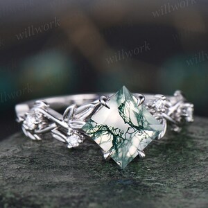 Princess Cut Green Moss Agate Engagement Ring 14k White Gold Five Stone ...