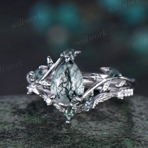 Vintage Pear Cut Green Moss Agate Engagement Ring Rose Gold Art Deco Cluster Leaf Nature ...