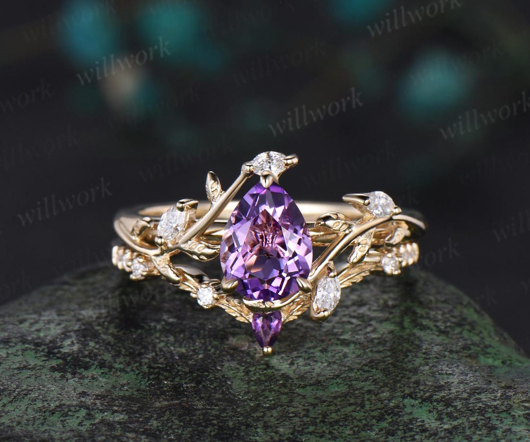 Vintage Pear Purple Amethyst Engagement Ring Solid 14k Yellow Gold ...