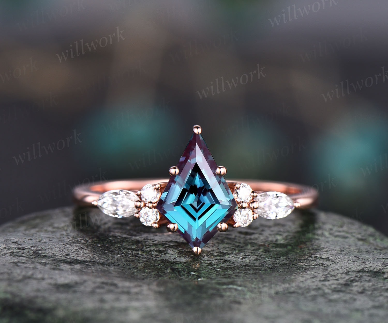 Unique Alexandrite Engagement Ring Set White Gold Silver Kite - Etsy