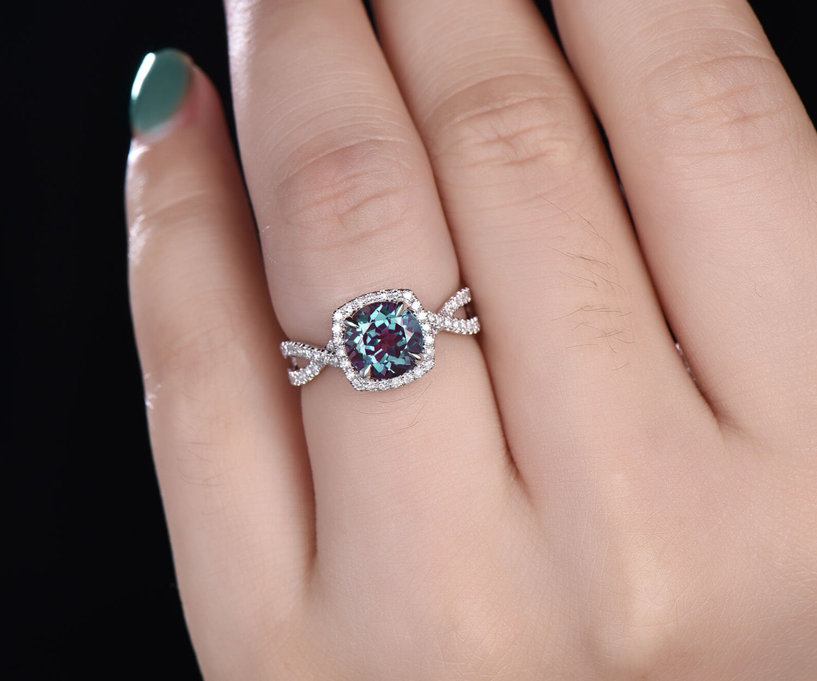 Unique Infinity Diamond Halo Ring Round Alexandrite Engagement - Etsy