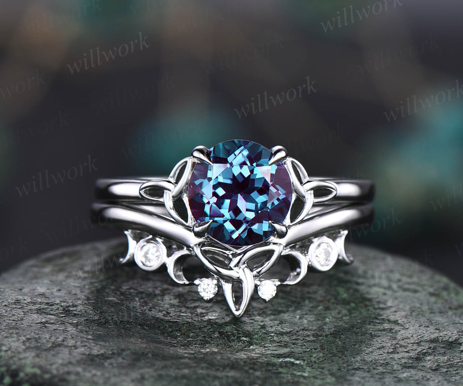 Vintage Round Alexandrite Engagement Ring Set Rose Gold Silver - Etsy