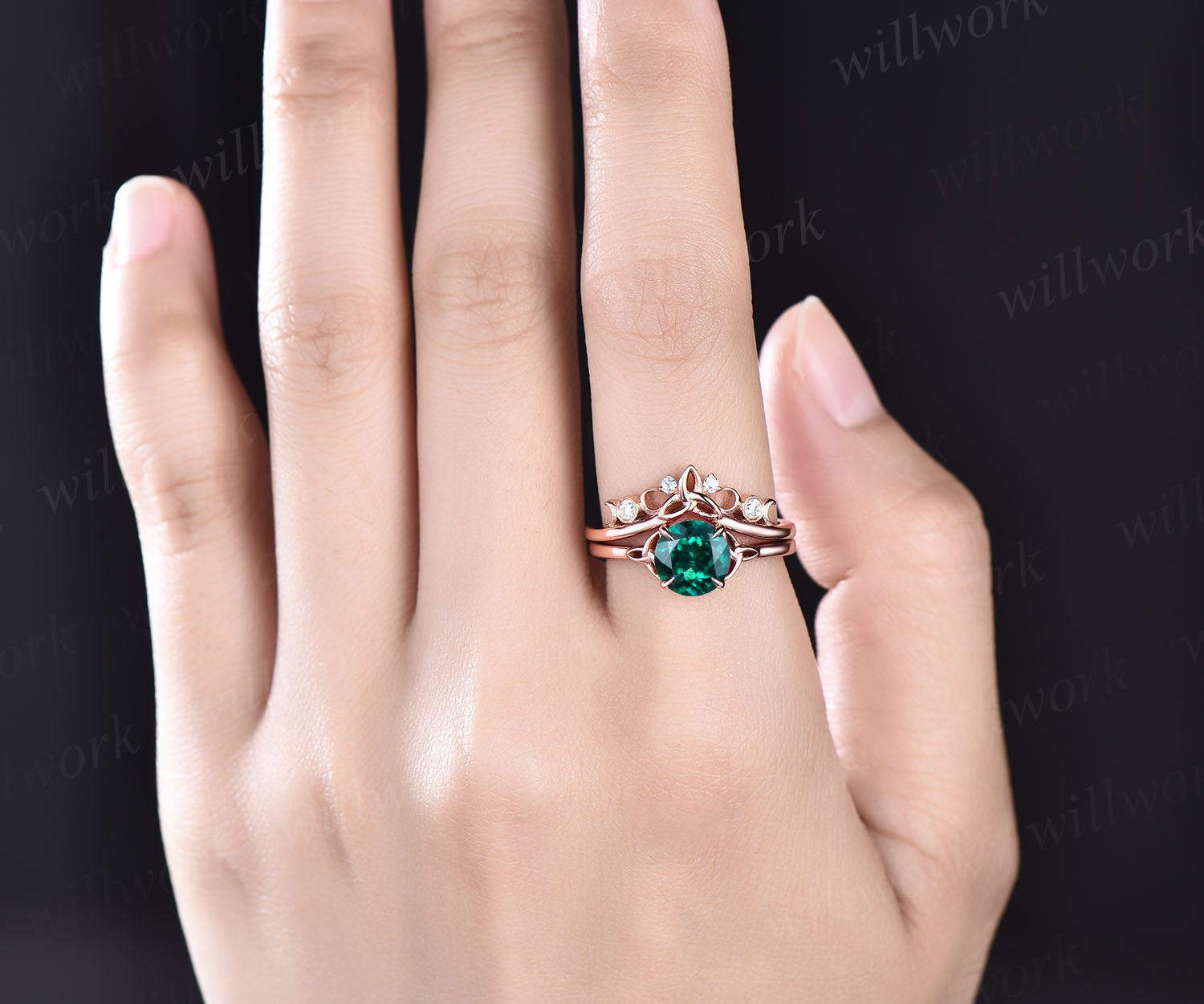 Round emerald engagement ring set vintage unique solitaire 14k | Etsy