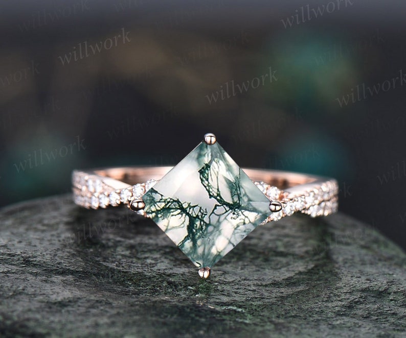 Vintage Princess Cut Moss Agate Engagement Ring Set Solid 14k Rose Gold ...