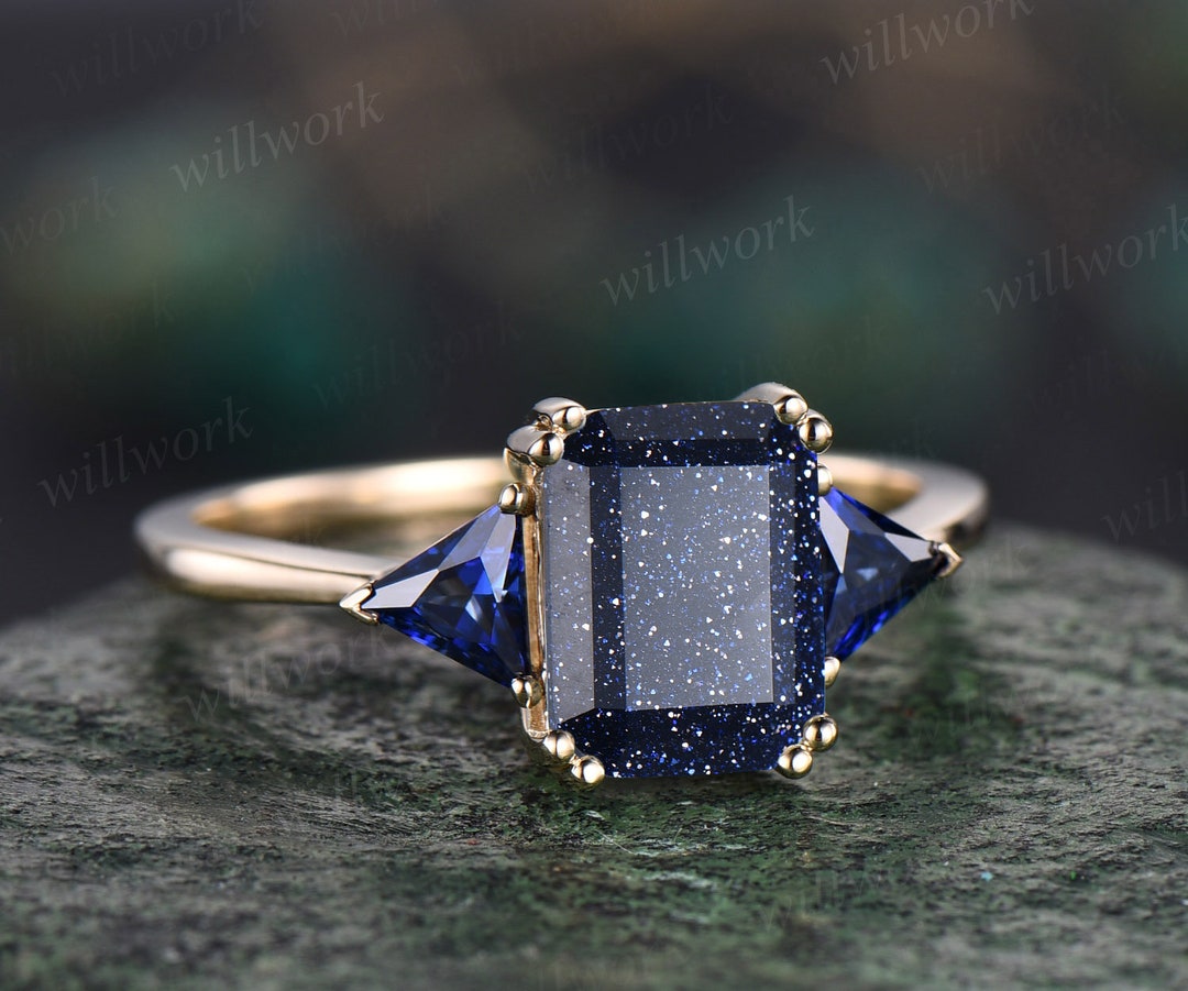 Vintage Emerald Cut Blue Sandstone Engagement Ring 14k Yellow Gold ...