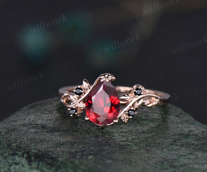 Pear Cut Red Ruby Ring Vintage Art Deco Five Stone Black Spinel Ring ...