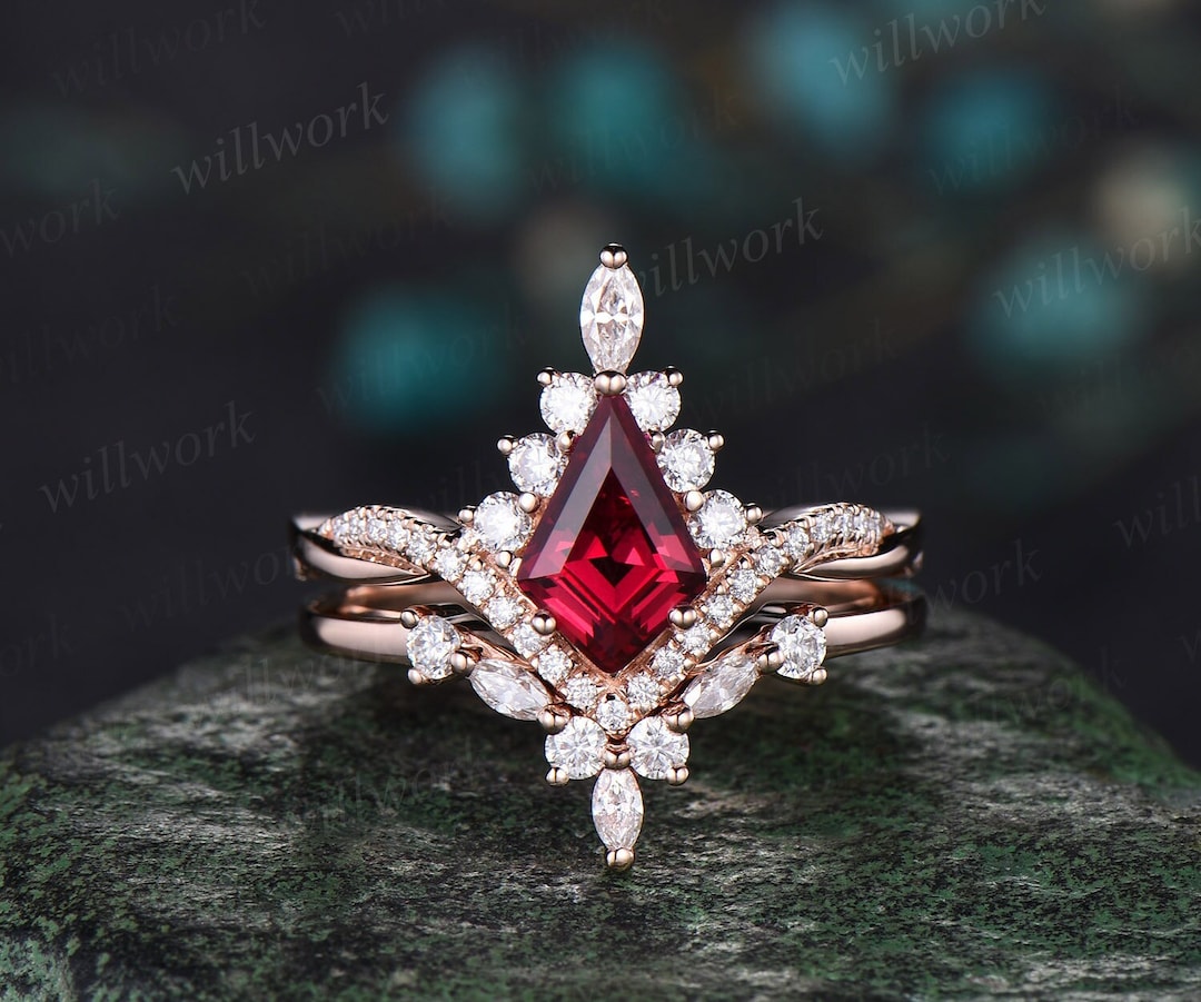 Vintage Kite Cut Red Ruby Ring Rose Gold Halo Unique Engagement Ring ...