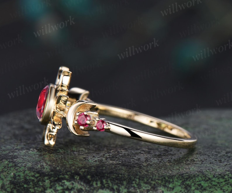 Vintage Round Cut Red Ruby Sun Engagement Ring Bezel Halo Solid 14k ...