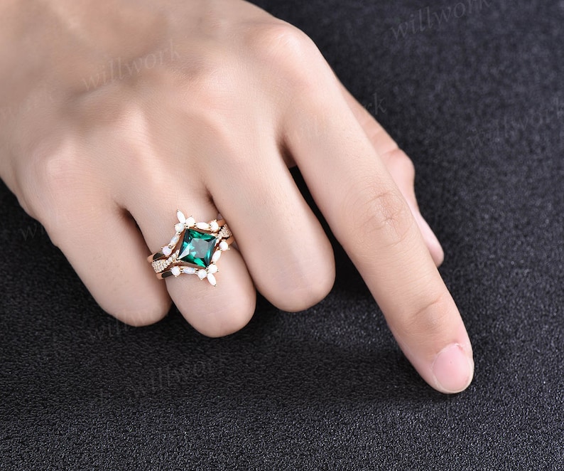 Princess Cut Emerald Engagement Ring Set Vintage Opal Ring Set - Etsy