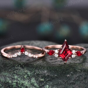 Kite Cut Red Ruby Engagement Ring Art Deco Rose Gold Moissanite Ring ...