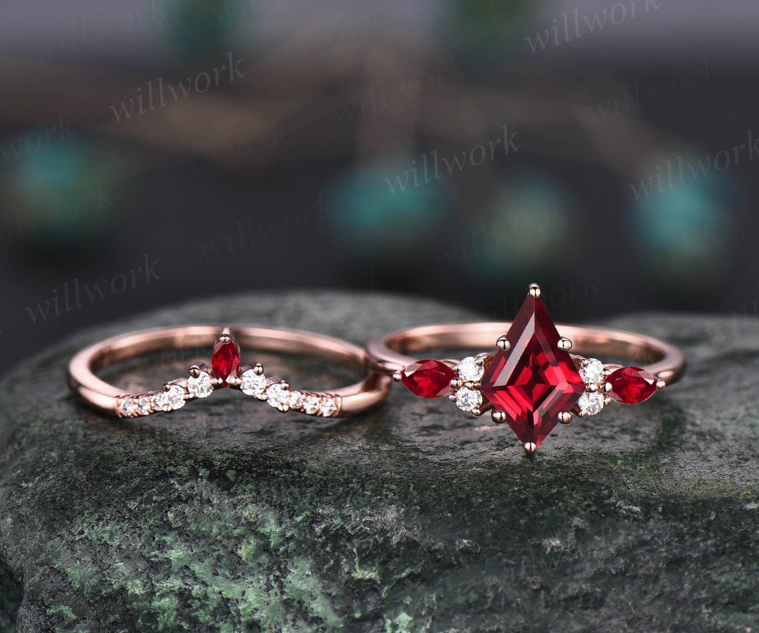 Kite Cut Red Ruby Engagement Ring Art Deco Rose Gold Moissanite Ring ...