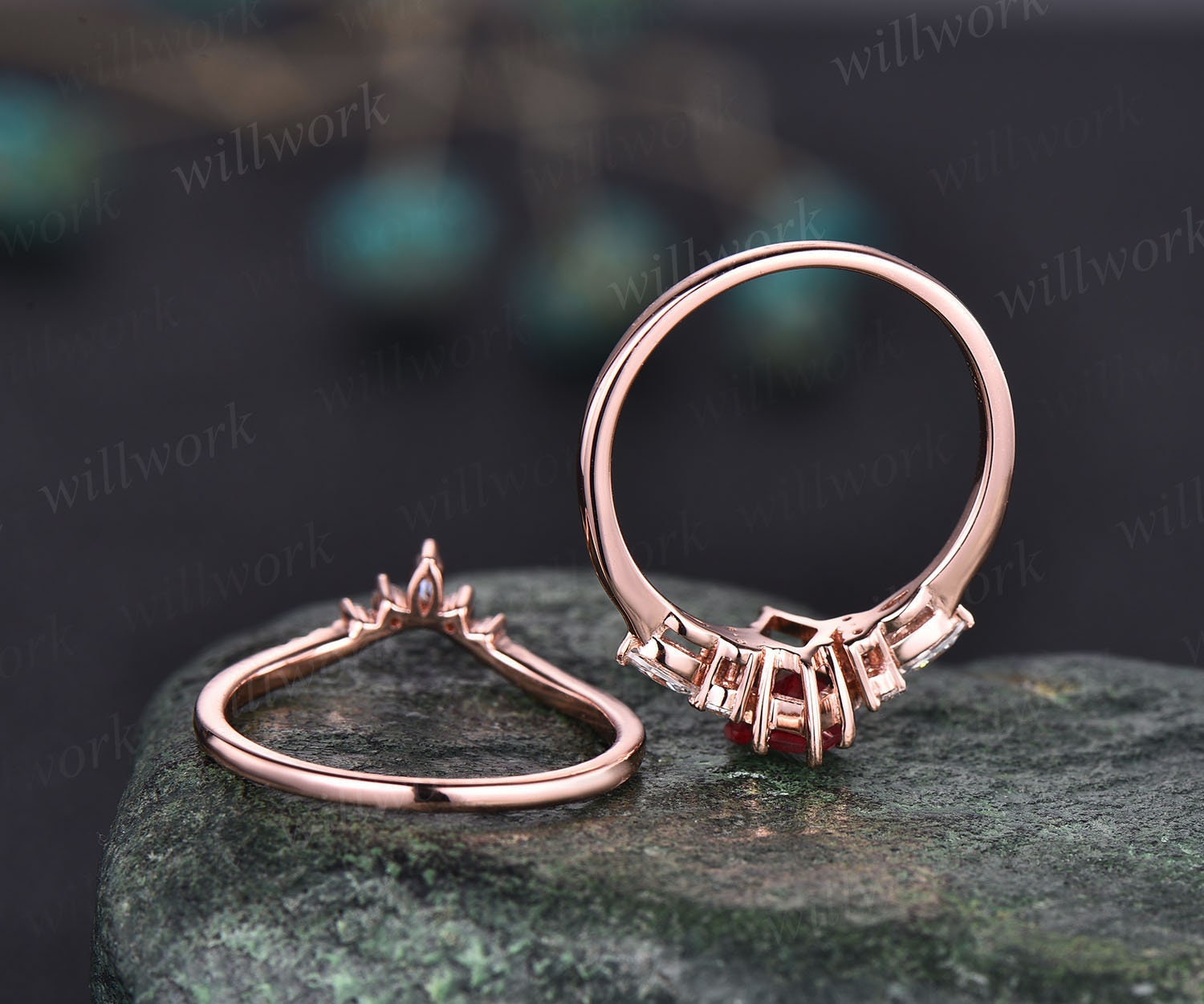 Kite Cut Red Ruby Engagement Ring Art Deco Rose Gold Moissanite Ring ...