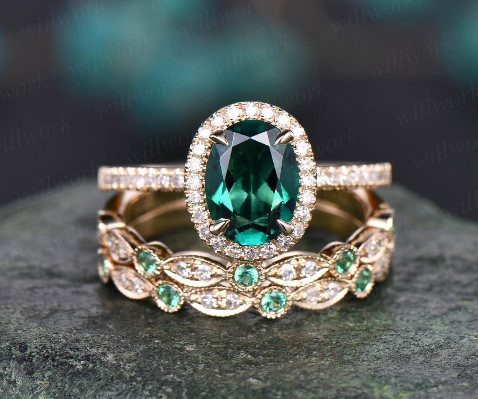 Emerald Ring Vintage Unique Oval Emerald Engagement Ring Set - Etsy