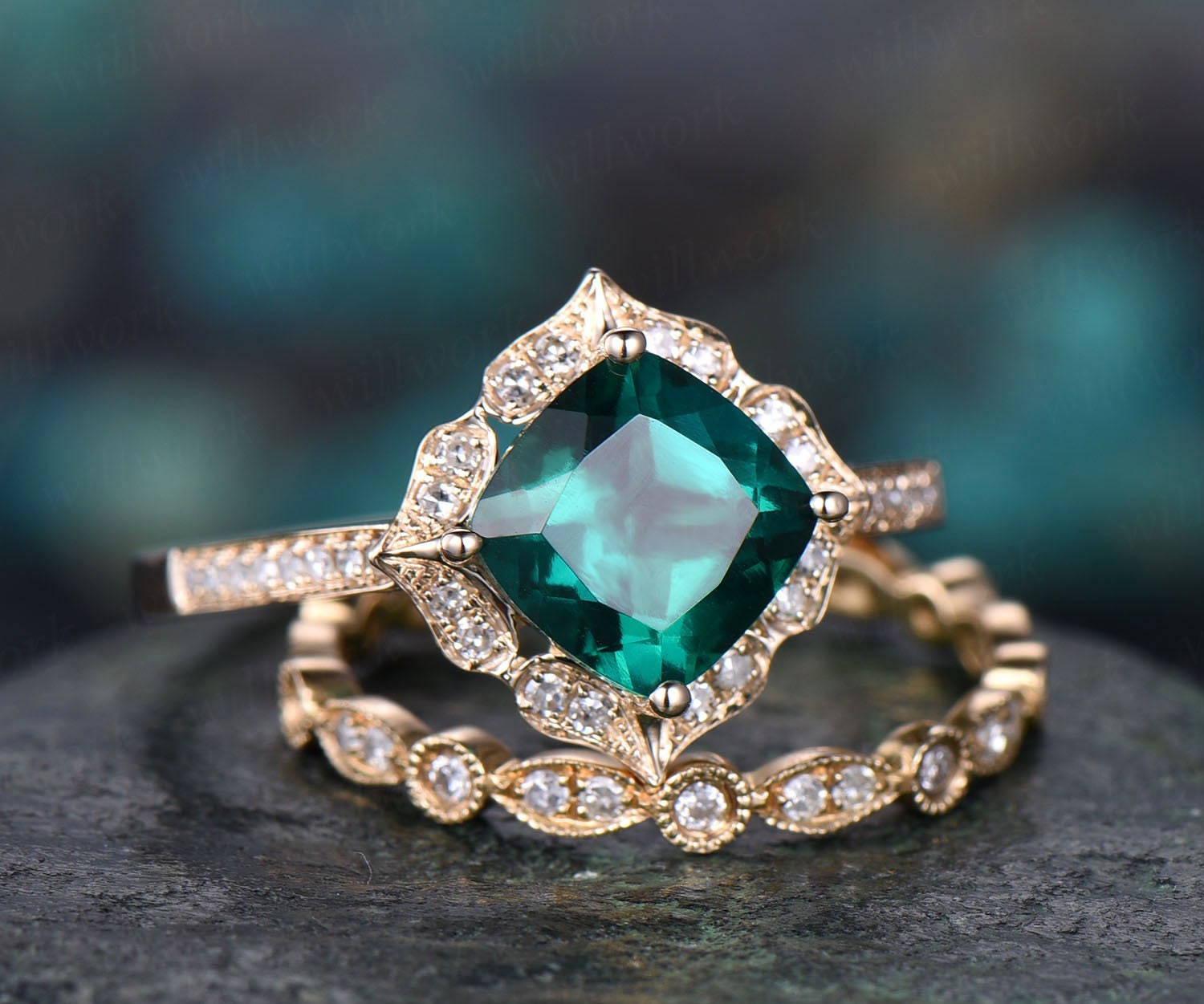 Green Emerald Engagement Ring Set Yellow Gold 2pc Flower Diamond Halo ...