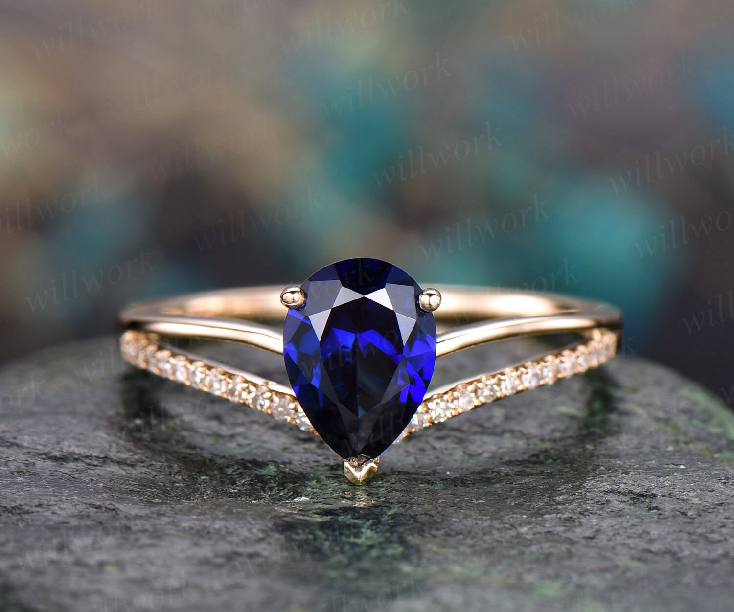 Pear Blue Sapphire Engagement Ring Solid 14k Yellow Gold Ring Split ...