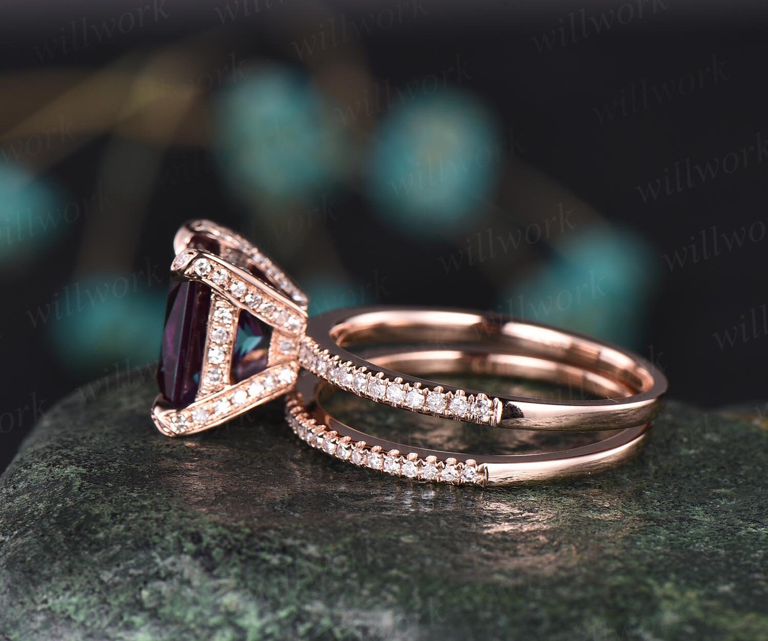 Princess Cut Ring Pyramid Diamond Bridal Set Rose Gold Ring 2pcs ...