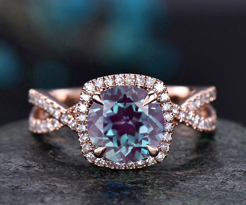 Unique Infinity Diamond Halo Ring Round Alexandrite Engagement Ring ...