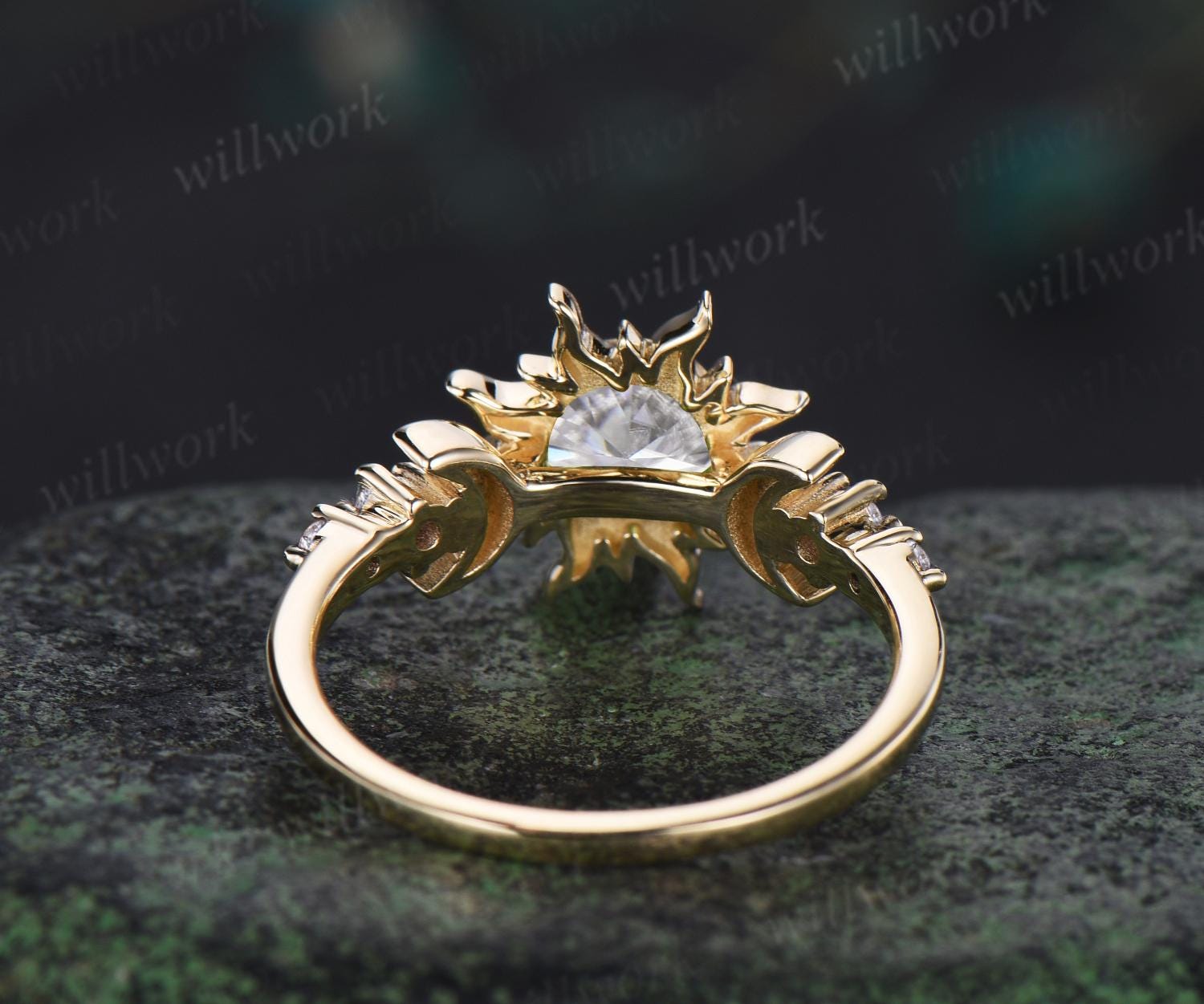 Round Cut Lab Grown Diamond Moissanite Engagement Ring Sun Moon Promise ...